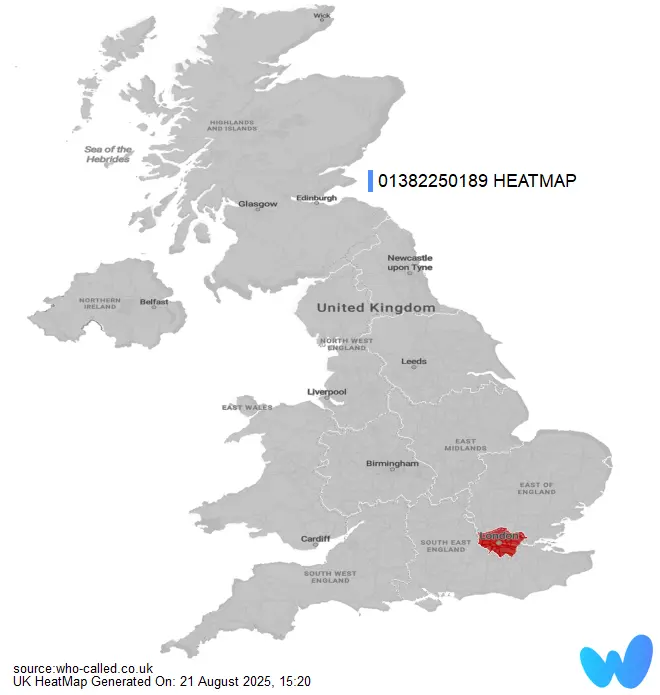 Regional Call Activity Map for 01382250189 | who-called.co.uk