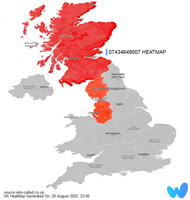 Regional Call Activity Map for 07434649007 | who-called.co.uk