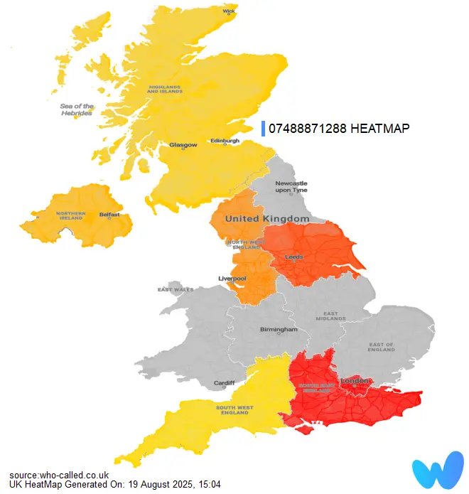 Regional Call Activity Map for 07488871288 | who-called.co.uk